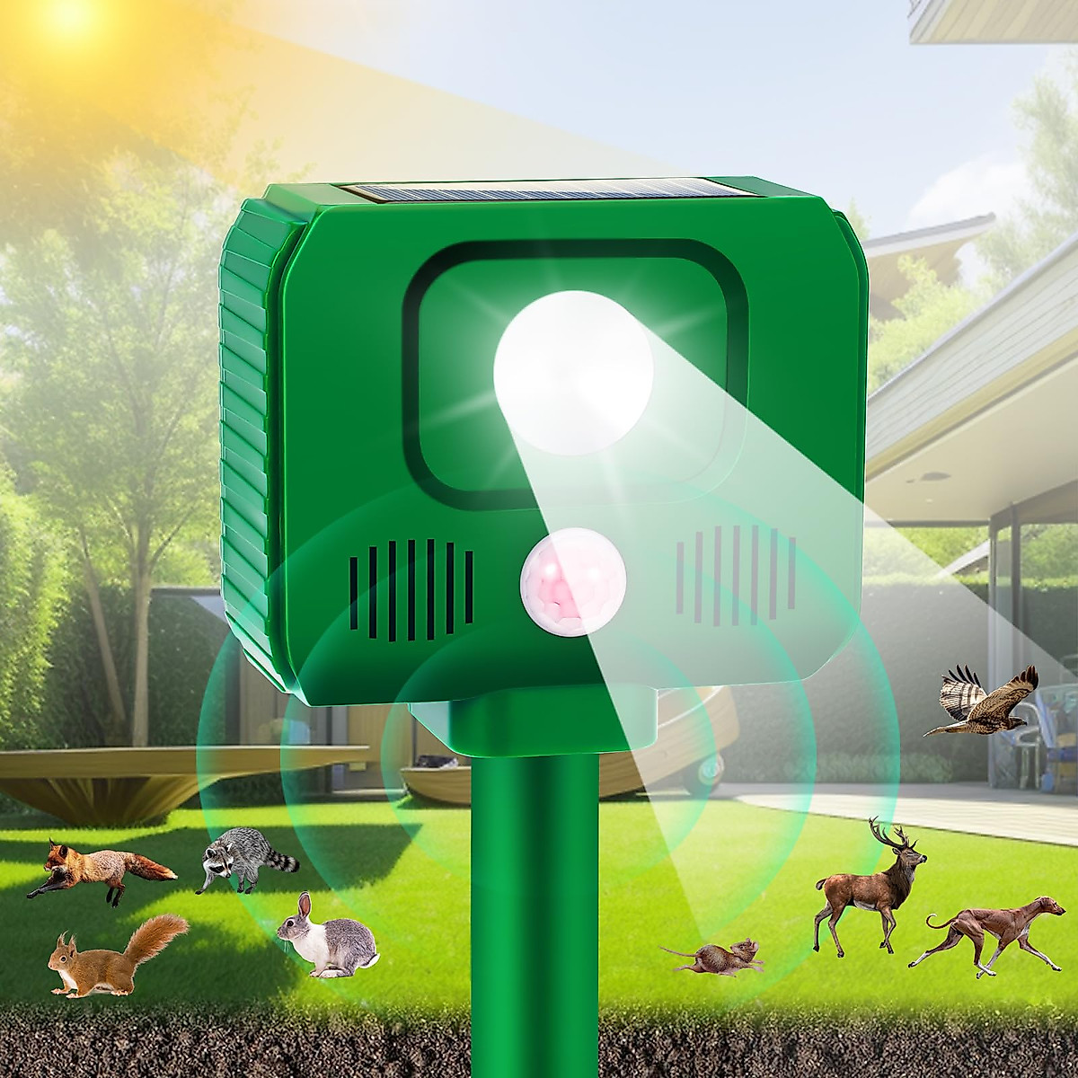 Jahy2Tech Ultrasonic Animal Repellent Outdoor Deer Repellent Devices Sonic Cat Repellent with Motion Sensor & Strobe Light, Skunk Rabbit Raccoon Repellent Solar Animal Repeller Deterrent for Yard
