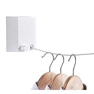 ELLO&ALLO Adhesive Retractable Clothesline with Adjustable Stainless Steel Rope String Hotel Indoor Clothes Dryer, Wall Mounted Shower Drying Line for Bathroom, 13.8 Feets (White)