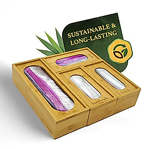 ROUVIQUE Ziplock Bag Organizer, Premium Bamboo Plastic Bag Holders, Baggie Organizer For Drawer, Gallon, Quart, Snack, & Sandwich Plastic Bag Organizer and Dispenser, 12 x 13 x 3 Inches, 4 Pieces