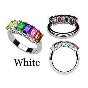 Central Diamond Center Emerald Cut Lucita Mothers Birthstone Ring w/ 1 to 7 Simulated Birthstones - Sterling Silver-Size 11