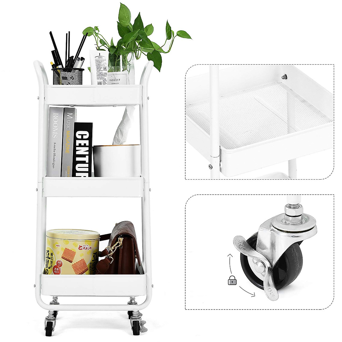 3-Tier Metal Utility Rolling Cart, Bathroom Supply Carts with Handles and Roller Wheels, Trolley Organizer for Kitchen Home Bedroom Office, White