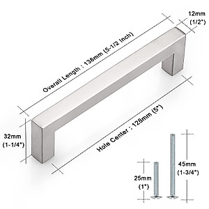 Probrico 30 Pack 5 Inch Kitchen Cabinet Handles Stainless Steel Drawer Dresser Pulls Cupboard Square Bar Pulls Brushed Nickel 5.5 Inch Total Length