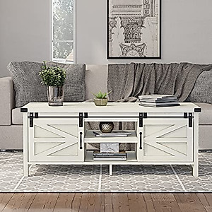 St.Mandyu Farmhouse Coffee Table with Hidden Compartment and Storage Cabinets Shelves, Wood Rectangular Tables with Sliding Barn Doors for Living Room Reception, Wash White