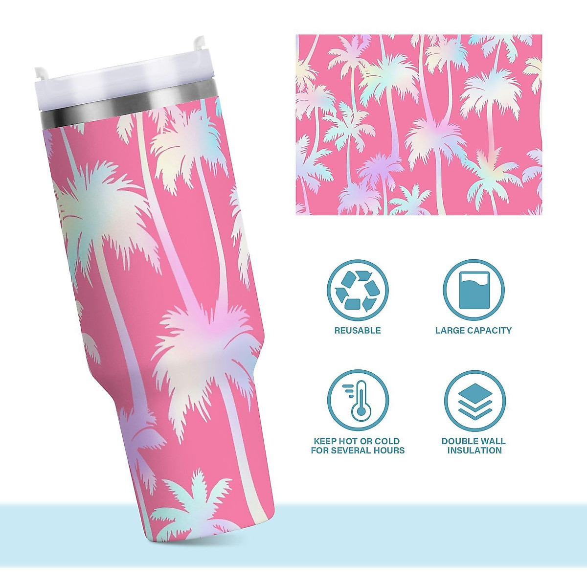 DIGTIA Stainless Steel Insulated Tumbler w/Handle & Straw, Palm Trees Pink Double Wall Vacuum Travel Coffee Mug Cup w/Lid, Leak-Proof Sports Tropical Water Bottle,30oz