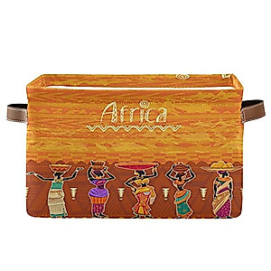 ALAZA Decorative Basket Rectangular Storage Bin, Ethnic African Woman Organizer Basket with Leather Handles for Home Office