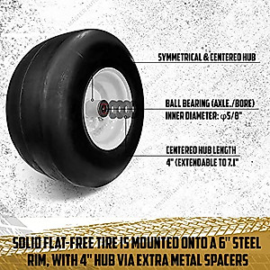 13x6.50-6 Flat-Free Lawn Mower Smooth Tire with Steel Rim for Lawn Mower Garden Tractor - Hub 4"-7.1" - 5/8" Bearing Installed - Extra 1/2" Bearing Included - Residential grade - 2-Pcs-Set