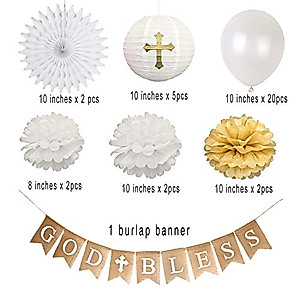 CHRORINE First Communion Banner Kit, Baptism Decorations for Boys Girls, First Communion Confirmation Decorations,God Bless Banner and White Decorations - White Set
