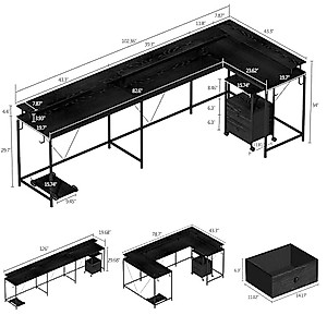 VEDECASA L Shaped Computer Desk Gaming Desk with Power Outlets & LED Light Reversible U Shaped Corner Desk Home Office with Fabric Drawers Storage Stand Monitor Riser (Black)