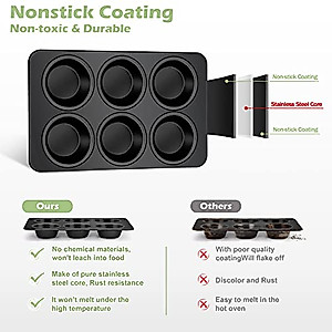 TeamFar Muffin Pan, 6 Cup Muffin Tin Cupcake Pan Tray with Nonstick Coating and Stainless Steel Core, for Home/Kitchen Baking, Healthy & Heatproof, Release Easily & Easy Clean