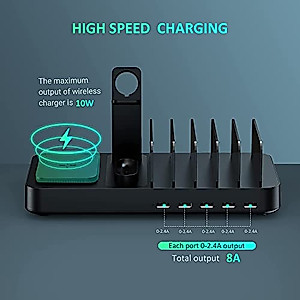 Getop Updated 8 in 1 Wireless Charging Station for Multiple Devices, Charging Dock with AirPods iWatch Charger Stand, 10W Wireless Charger and 9 Short Mixed Cables for iPhone/iPad/Tablets-Matt Black