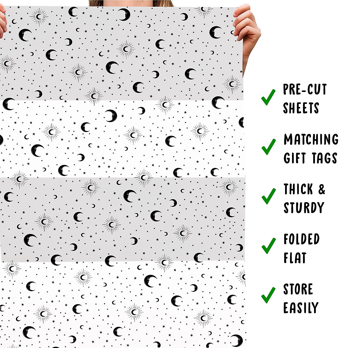 CENTRAL 23 - White Wrapping Paper - 6 Sheets of Monochrome Gift Wrap - Moons and Stars - Birthday Wrap for Her - Birthday Wrapping Paper for Men and Women - Recyclable