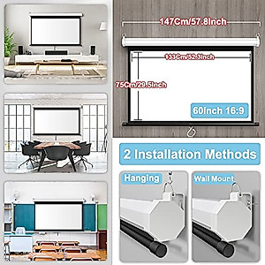 Manual Pull Down Projection Screen, 60-inch Portable HD Movie Screens, Wall-Mounted/Hanging Projector Screen, Anti-Rust Metal Shell, Support 4:3 16:9 3D 4K (Size : 60Inch 16-9)
