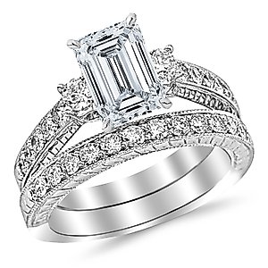 White Gold Classic Channel Set Wedding Set Bridal Band & Diamond Engagement Ring with a 0.59 Carat Emerald Cut E Color SI1 Clarity Center Stone