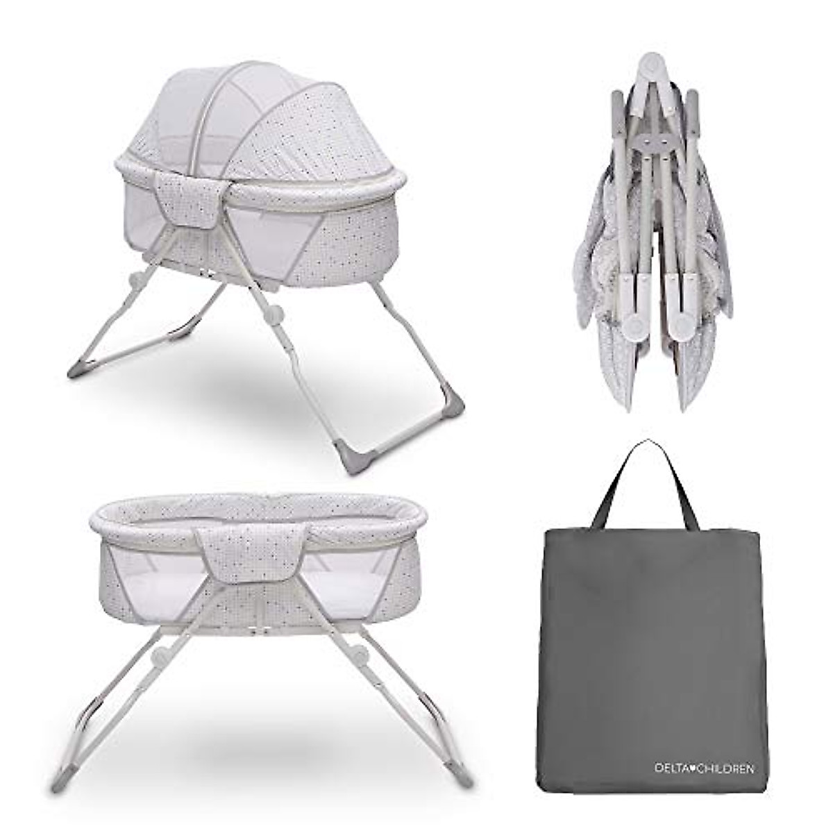 Delta Children EZ Fold Ultra Compact Travel Bedside Bassinet - Folding Portable Crib with Removable Canopy, Inner Circle