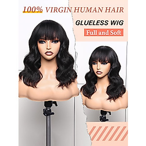 WIGNEE Natural Wave Wigs with Bangs 100% Brazilian Human Hair Fashion Wave Wigs Natural Black (14 Inch)