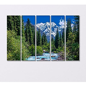 Spruce Forest near a Stormy River and Snowy Mountains Kyrgyzstan Canvas Print 3 Panels / 36x24 inches