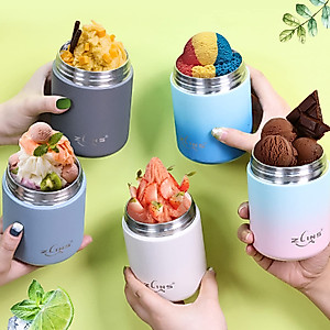 ZLINS Insulated Food Jar 13 oz, Foldable Spoon, Reusable Stainless Steel Lunch Thermos Container, Leak Proof Vacuum Lunch Storage for Soup Hot Cold, Smoothie Bowl with Handle Lid (Blush/Blue Ombre)