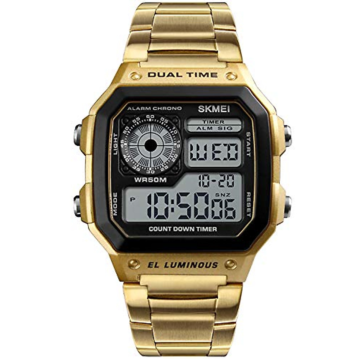 PASOY Men's Digital Multi-Function Watches Dual Time Alarm Stopwatch Countdown Backlight Waterproof Watch (Gold)