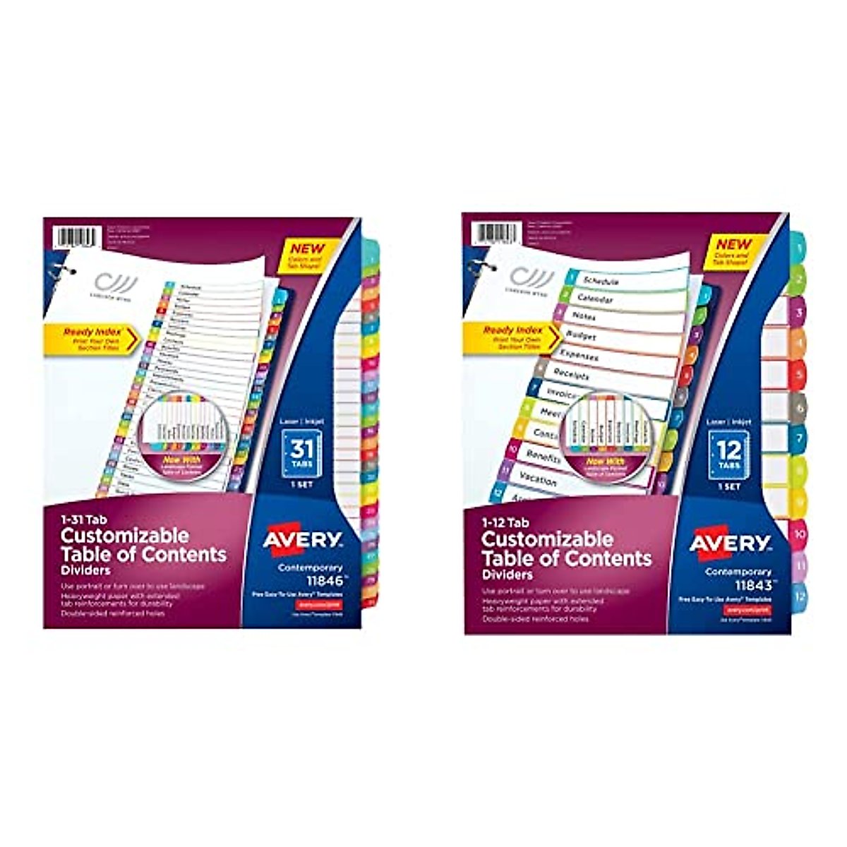 Avery 31-tab Dividers for 3 Ring Binders, Customizable Table of Contents, Multicolor Tabs, 1 Set & 12 Tab Dividers for 3 Ring Binders, Customizable Table of Contents, Multicolor Tabs, 1 Set (11843)