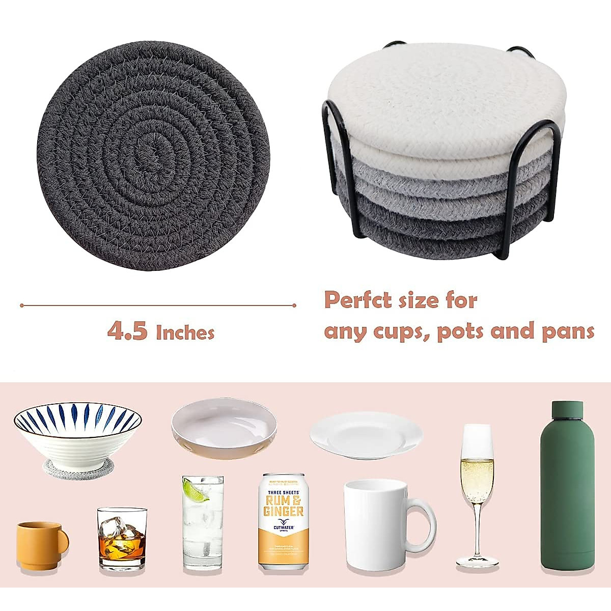 6 PCS Coaster for Wooden Table 4.5" Coasters for Drinkers Absorbent with Holder Woven Coasters Trivets for Hot Pots and Pans Pot Holders for Kitchen Heat Resistant Farmhouse Kitchen Decor