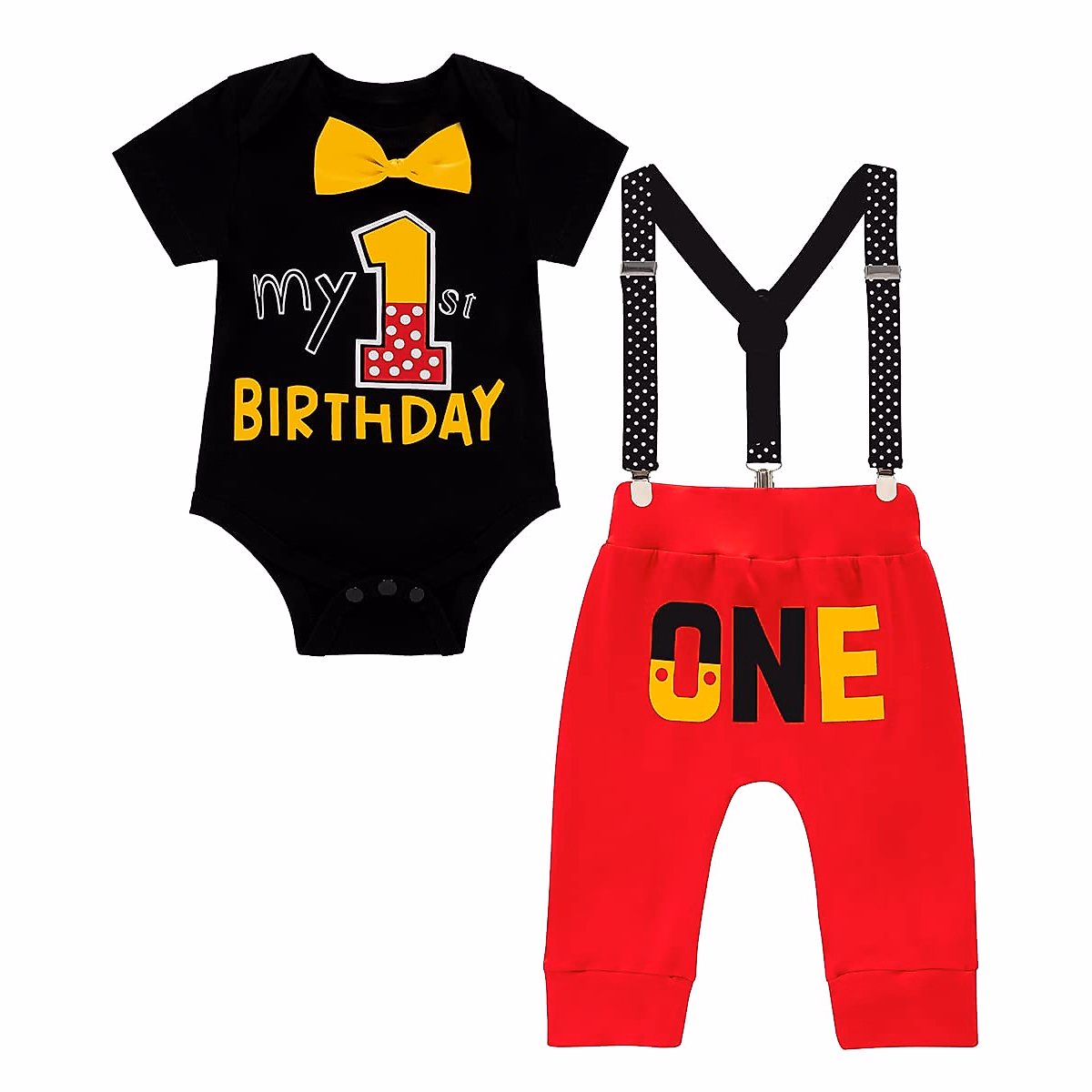 LENSOUS Baby Boys First Birthday Cake Smash Outfits Bowtie One Year Old Romper Pants Set（Red,18-24 Months）