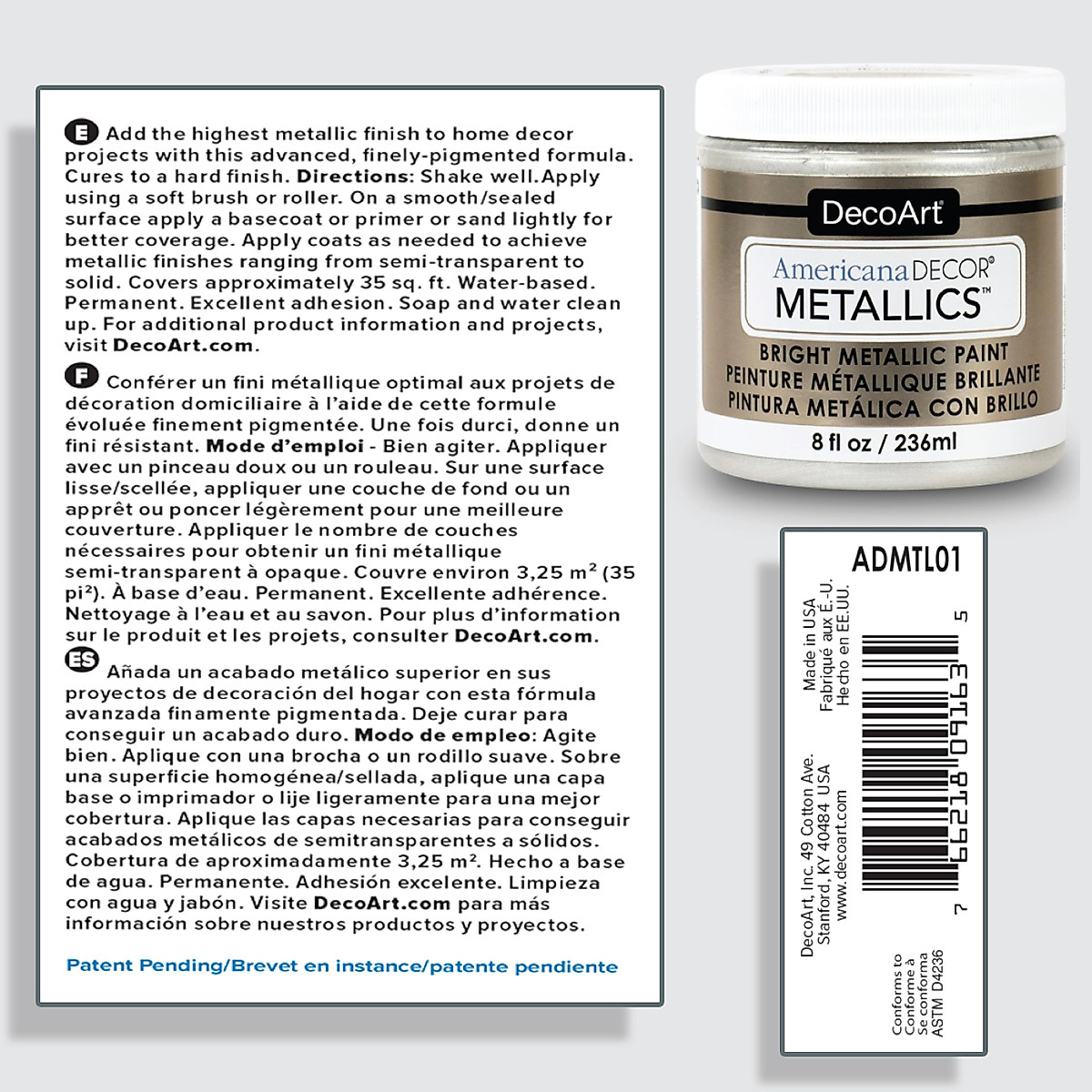 DecoArt Americana Décor Metallics Pearl Paint, 3 Pack 8oz Metallic Acrylic Paint - Water Based Multi Surface Paint for Arts and Crafts, Home Decor, Wall Decor