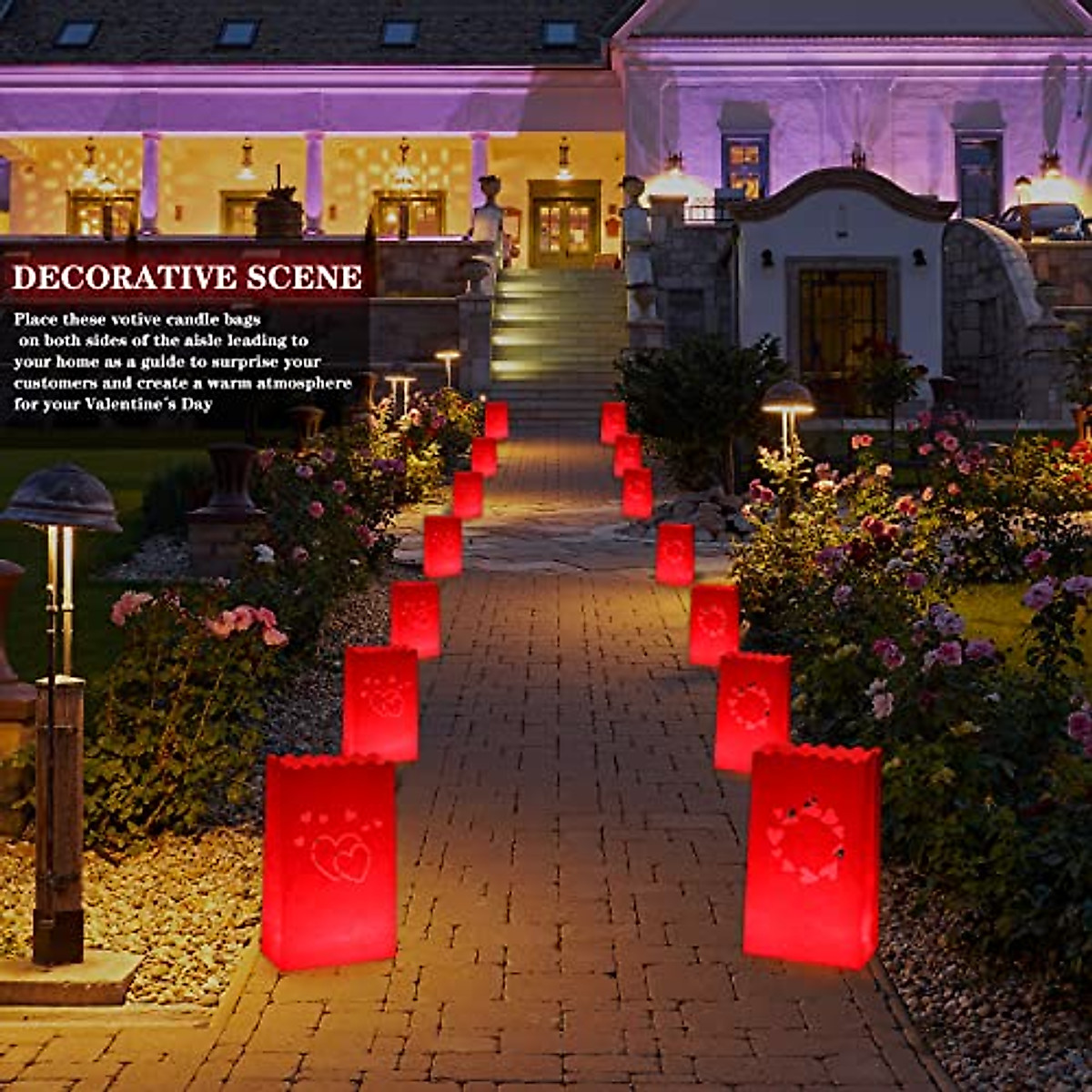 12 Pieces Luminary Paper Bags with 12 Pcs LED Flameless Candle Red Hearth Luminaries Paper Bags Flame Resistant Candle Bag for Valentine's Day Wedding Outdoor Party Home Decoration