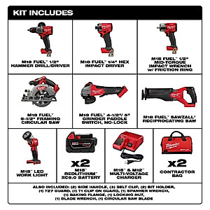 Milwaukee M18 FUEL 18V Lithium-Ion Brushless Cordless Combo Kit with Two 5.0 Ah Batteries, 1 Charger, 2 Tool Bags (7-Tool)