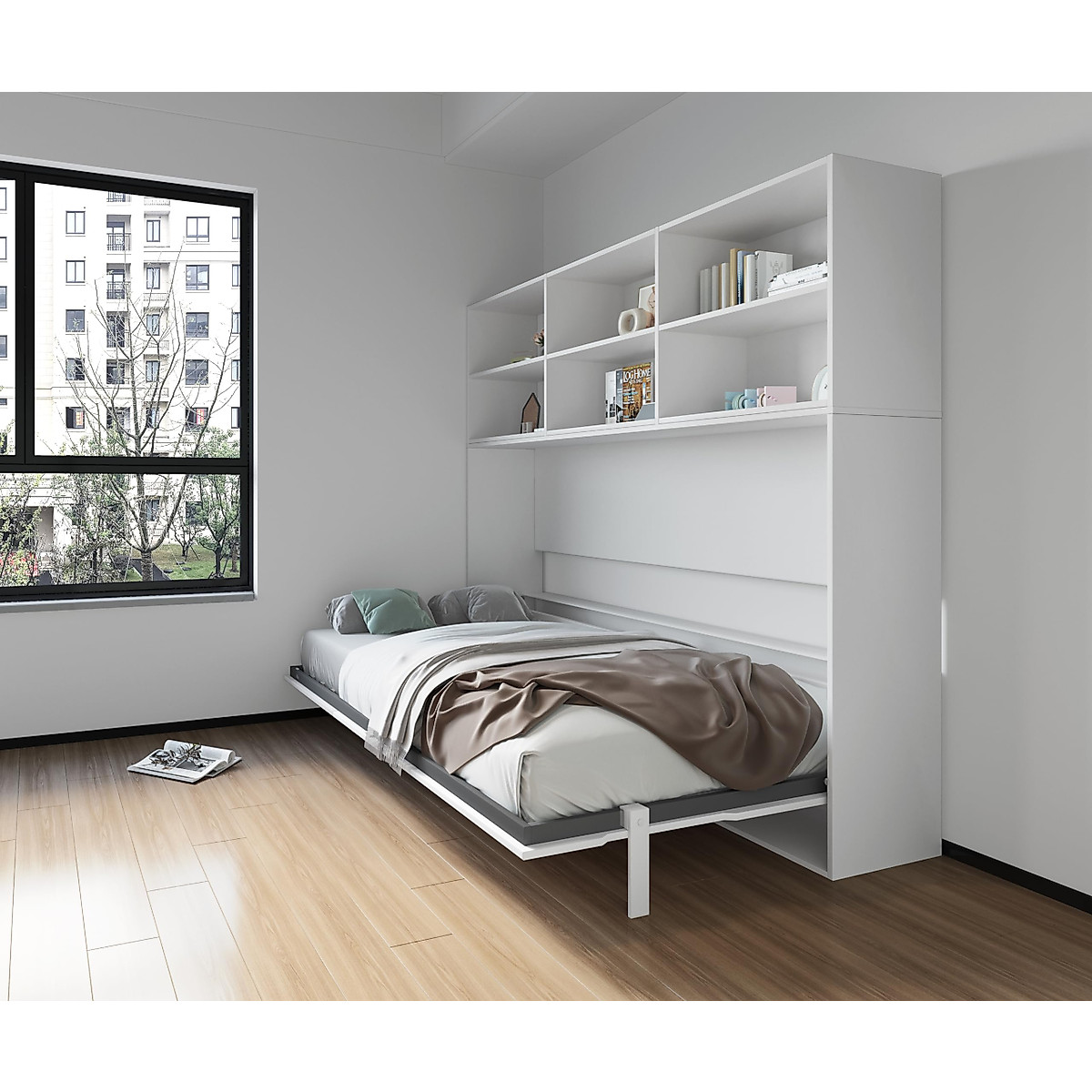 DEINPPA Twin Horizontal Murphy Bed with Storage Shelf, Space-Saving Wall Bed for Multipurpose Room-White