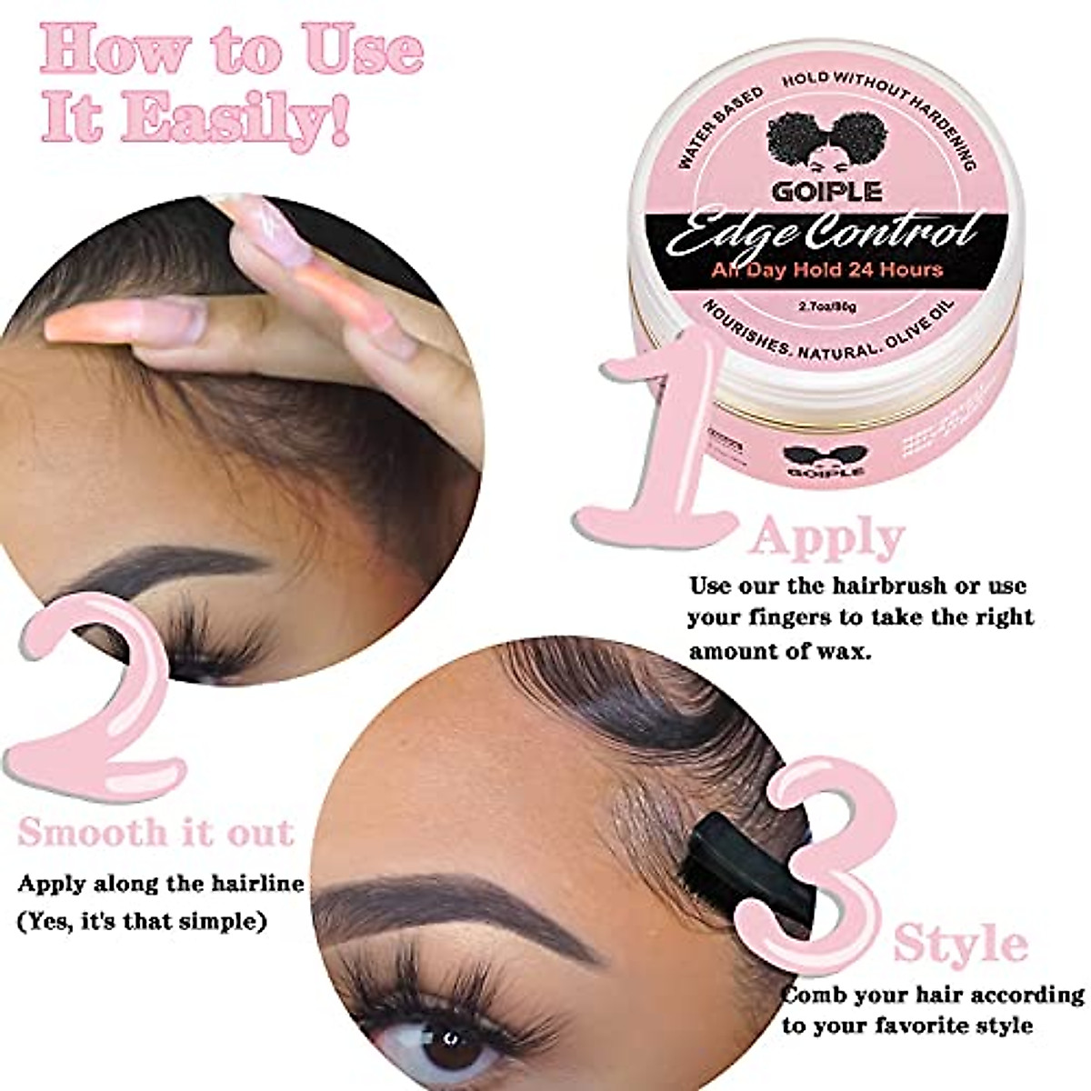 Edge Control Wax Hair Wax Stick for Wigs - Strong Hold, Non-greasy Styling Set with Fly Away Control, Brush, and Scarf (Black, 2.7oz+2.7oz)