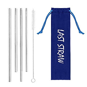 LAST STRAW Sky Blue Velvet Collection – Portable 304 Stainless Steel Cocktail Length Eco-Friendly Drinking Straws - Set of 4 Washable Rainbow Metal Straws + Brush + Velvet Carrying Pouch