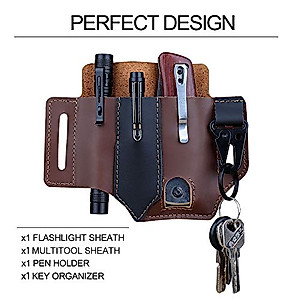 Kosibate EDC Leather Sheath, Multitool Sheath Belt Organizer Pocket for Knife/Flashlight/Tactical Pen/Tools(Brown)