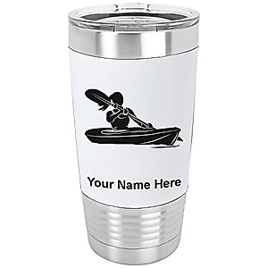 LaserGram 20oz Vacuum Insulated Tumbler Mug, Kayak Woman, Personalized Engraving Included (Silicone Grip, White)