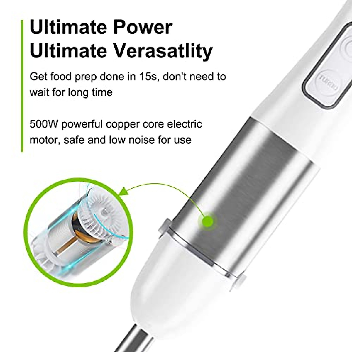 Immersion Blender Handheld, 5 in 1 Multi-purpose Hand Blender Electric 500W 6-Speed with Turbo Mode, Stick Blender with 500ml Food Chopper, 600ml Beaker, Stainless Steel Egg Whisk, Milk Frother (5 in 1)