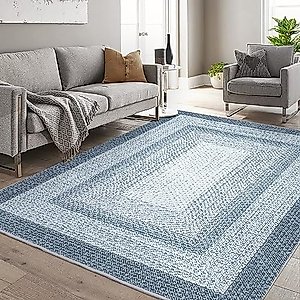 GAOMON Braided Collection Area Rug 5x7 Blue Ultra Soft Accent Floor Cover Vintage Country Cottage Floor Carpet Low Pile Indoor Throw Carpet for Living Room Bedroom Non-Slip Non-Shedding Aesthetic Rug