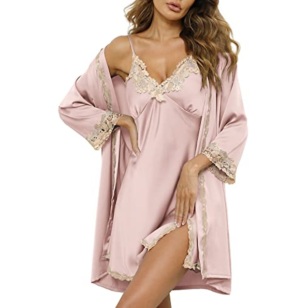 SAPJON Womens Pajama Sets 5PCS Silk Pajamas for women Cute Sleepwear Loungewear Satin Pajamas Sets for Women Soft Pink
