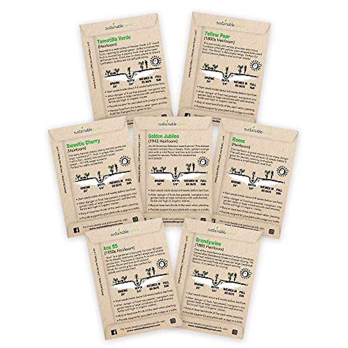 Tomato Seeds for Planting Variety 7 Pack - Cherry, Brandywine Beefsteak, Yellow Pear, Golden Jubilee, Plum Roma, Tomatillo Verde, Ace 55 - Heirloom Tomato Seeds for Your Organic Garden - 100% Non GMO