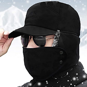 Mens Winter Windproof Warm Hat with Ear Flap,Black Cold Weather Skiing Hunting Fishing Gifts Trapper Hats for Men Women