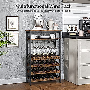 SONGMICS 24-Bottle Freestanding Wine Rack, Wine Storage Display Shelves with Tabletop and Glass Holder, Bar Rack with Bottle Holder for Kitchen Bar Dining Room, Rustic Brown and Black UKWR028B01