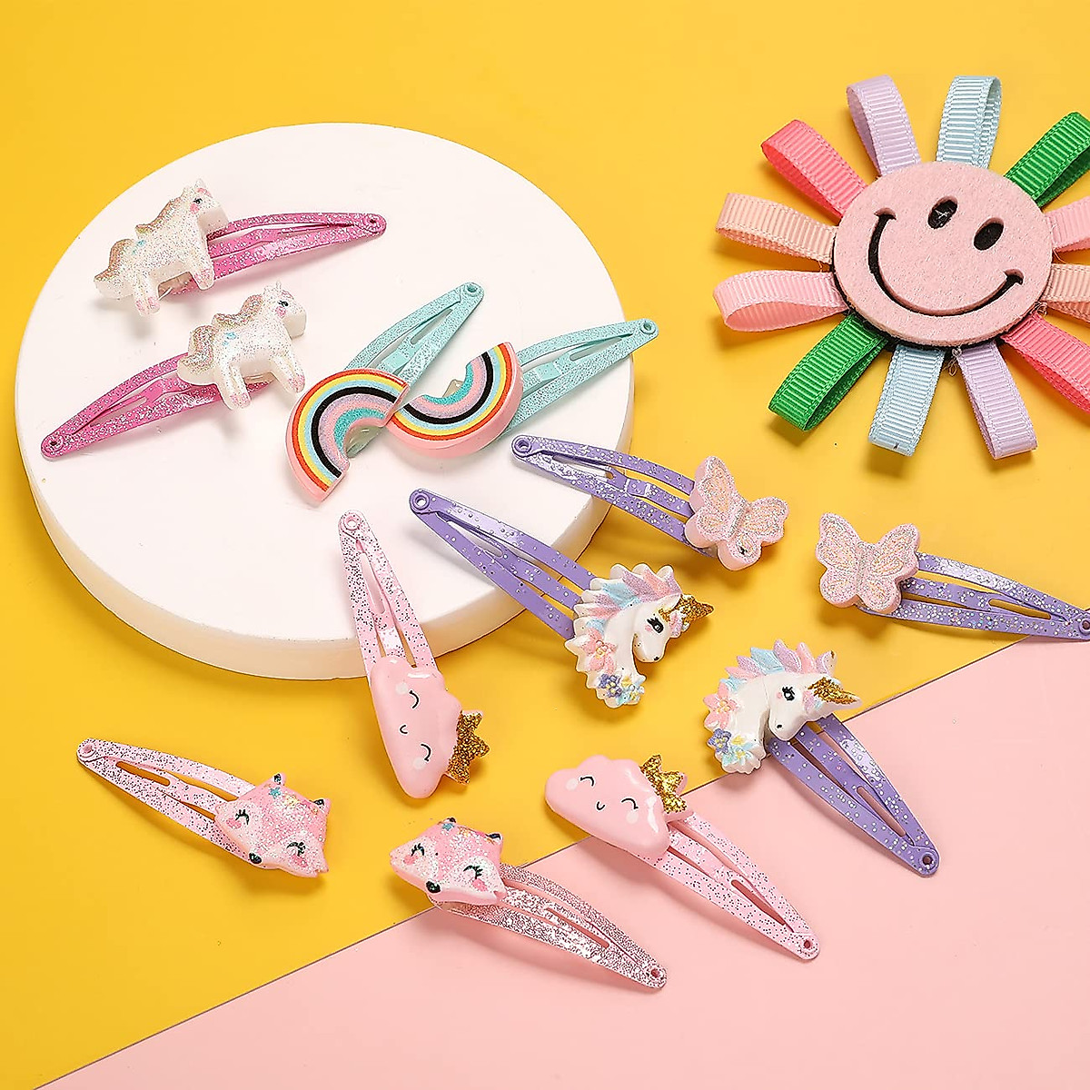 PinkSheep Unicorn Hair Clips Barrettes for Girls, 6 Pairs/12 Pack Fox Rainbow Cloud Shaped Hair Pins, Cute Hair Clips Metal Snap Barrettes Sparkly Hair Accessories For Baby Girls Teens Toddlers