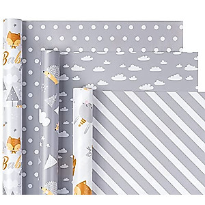 WRAPAHOLIC Reversible Baby Shower Wrapping Paper Roll - Mini Roll - 3 Rolls - 17 Inch X 120 Inch Per Roll - Cute Hedgehog, Animals & Baby Lettering