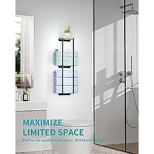 Towel Racks for Bathroom, 2 Tier Wall Towel Holder with Wood Shelf, Metal Wall Towel Rack Mounted Towel Storage for Small Bathroom （Black