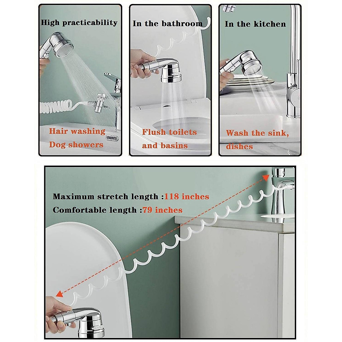 cakuuma Sink Faucet Hose Sprayer Attachment handheld Sink Sprayer with 6 Adapters & ON/Off Extension Salon Shampoo Hose Shower Head for Hair Washing Baby Bath Pet Rinse (4ft, Silver) (XP-HS002)