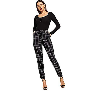 WDIRARA Women's Stretchy Plaid Print Pants Soft Skinny Regular Fashion Leggings Black-2 L