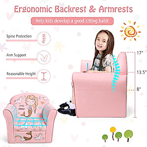 Fireflowery Kid's Sofa, Children Armrest Chair w/Cartoon Pattern & High Back, High-Resilience Sponge Cushion, Lightweight Toddler Furniture for Girls (Pink, Mermaid)