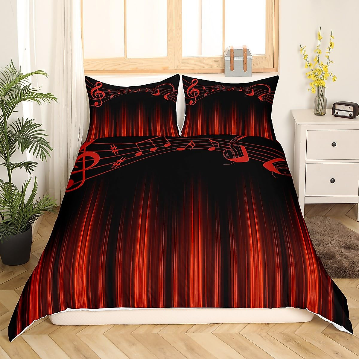 Feelyou Abstract Ombre Bedding Set Full Size Kids Red and Black Musical Comforter Cover Set for Boys Girls Teens Music Geometric Duvet Cover Striped Bedspread Cover Room Decor Quilt Cover
