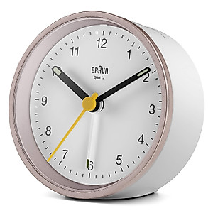 Braun Classic Analogue Alarm Clock with Snooze and Light, Quiet Quartz Movement, Crescendo Beep Alarm in White and Rose, Model BC12PW.