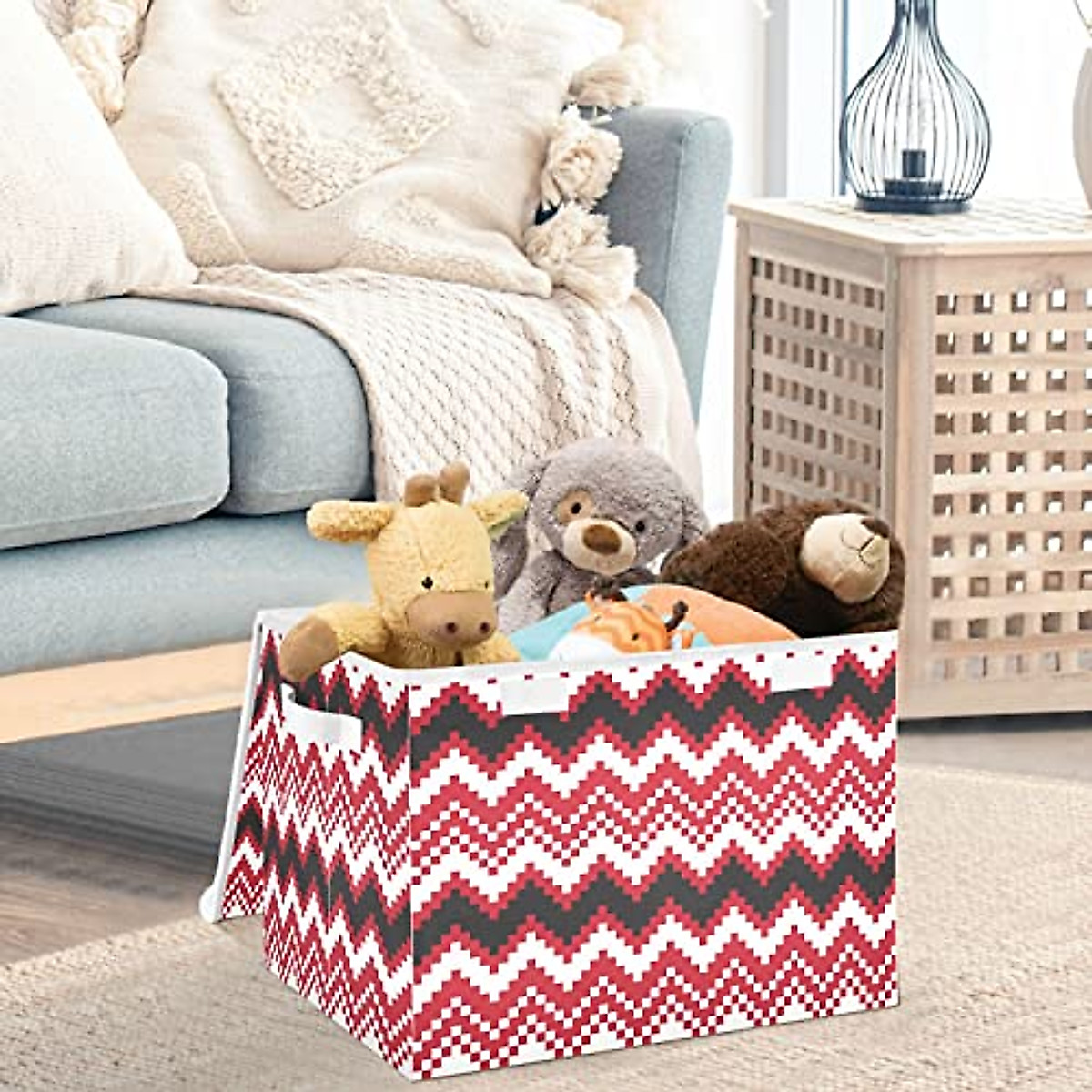 CaTaKu Red Christmas Wave Storage Bins with Lids and Handles, Fabric Large Storage Container Cube Basket with Lid Decorative Storage Boxes for Organizing Clothes