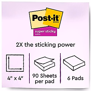 Post-it Super Sticky Notes, 4x4 in, 6 Pads, 2x the Sticking Power, Supernova Neons, Bright Colors, Recyclable (675-6SSMIA)