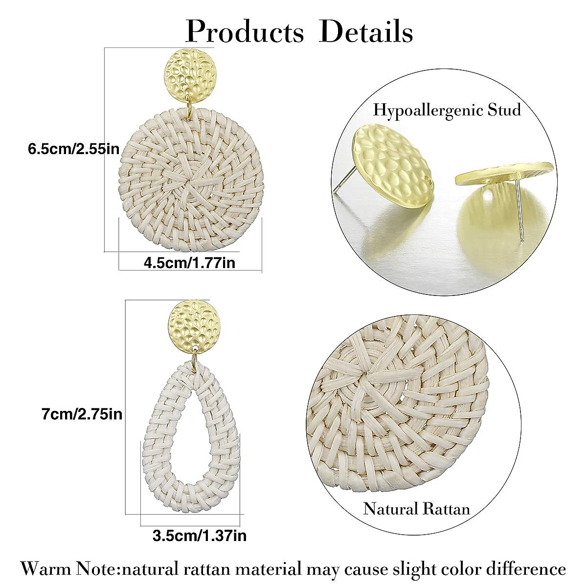 AIDSOTOU Rattan Earrings for Women Lightweight Geometric Statement Earrings Handmade Straw Wicker Braid Teardrop Hoop Drop Dangle Earrings 4 Pairs (Style-4)